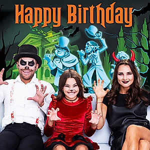 5x3FT Haunted House Birthday Decorations Banner, Halloween Haunted House Decor Happy Birthday Banner, Cartoon Halloween Haunted House Birthday Party Supplies Photography Decorations