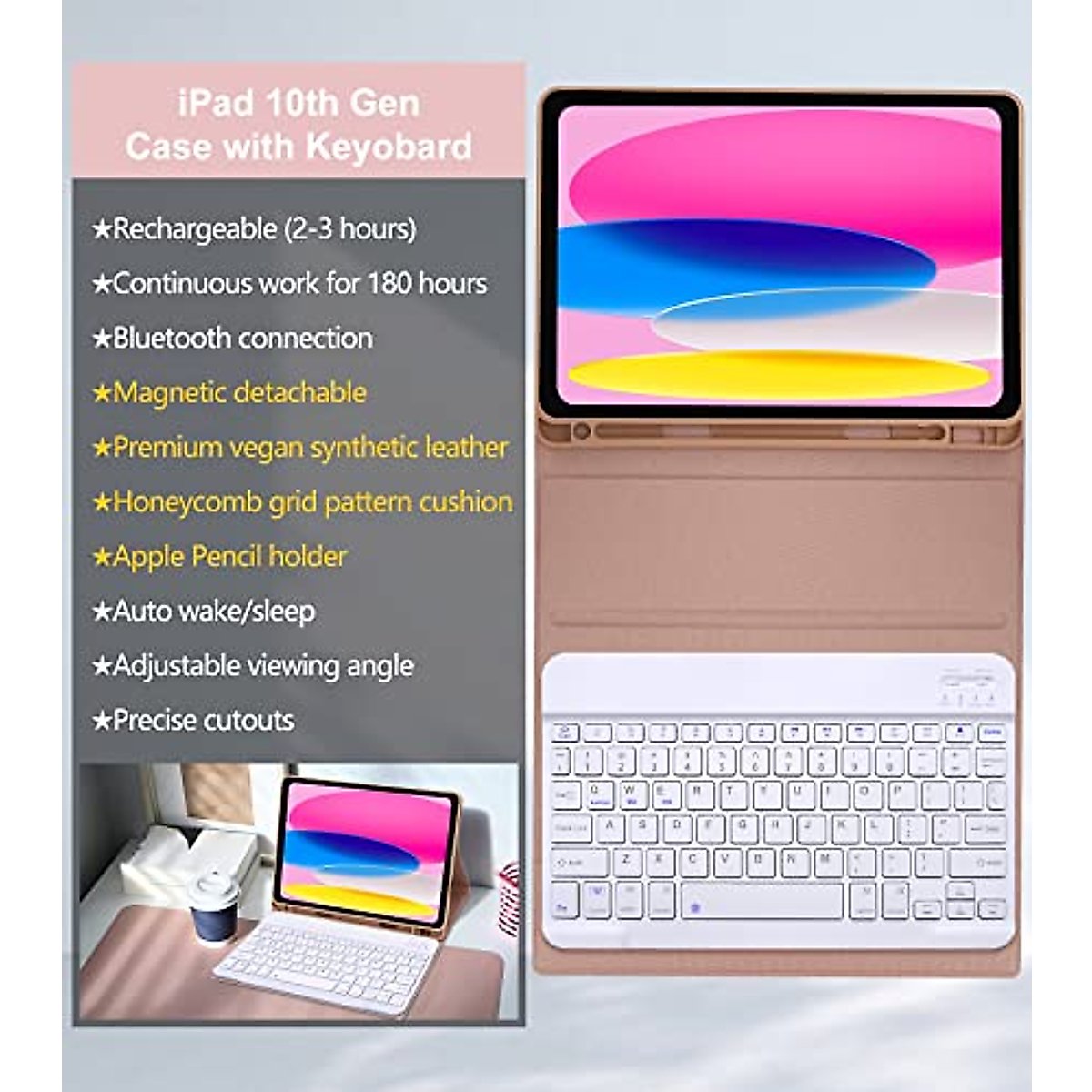 Keyboard Case for iPad 10th Generation 10.9 inch (2022) - Smart Keyboard for iPad 10th Generation, Removable Bluetooth Keyboard - Auto Sleep/Wake Up Folio Cover, Cute Case, Pink