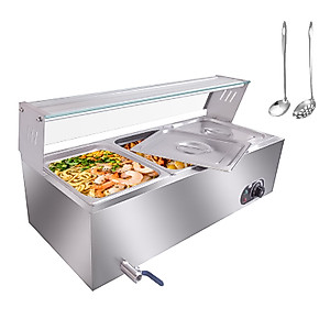 Petyee 3-Pan Commercial Food Warmer, 36 Qt Electric Bain Marie with 6" Deep Pans,Steam Table with Tempered Glass Cover, 1500W Countertop Stainless Steel Buffet Bain Marie 86-185°F Temp Control