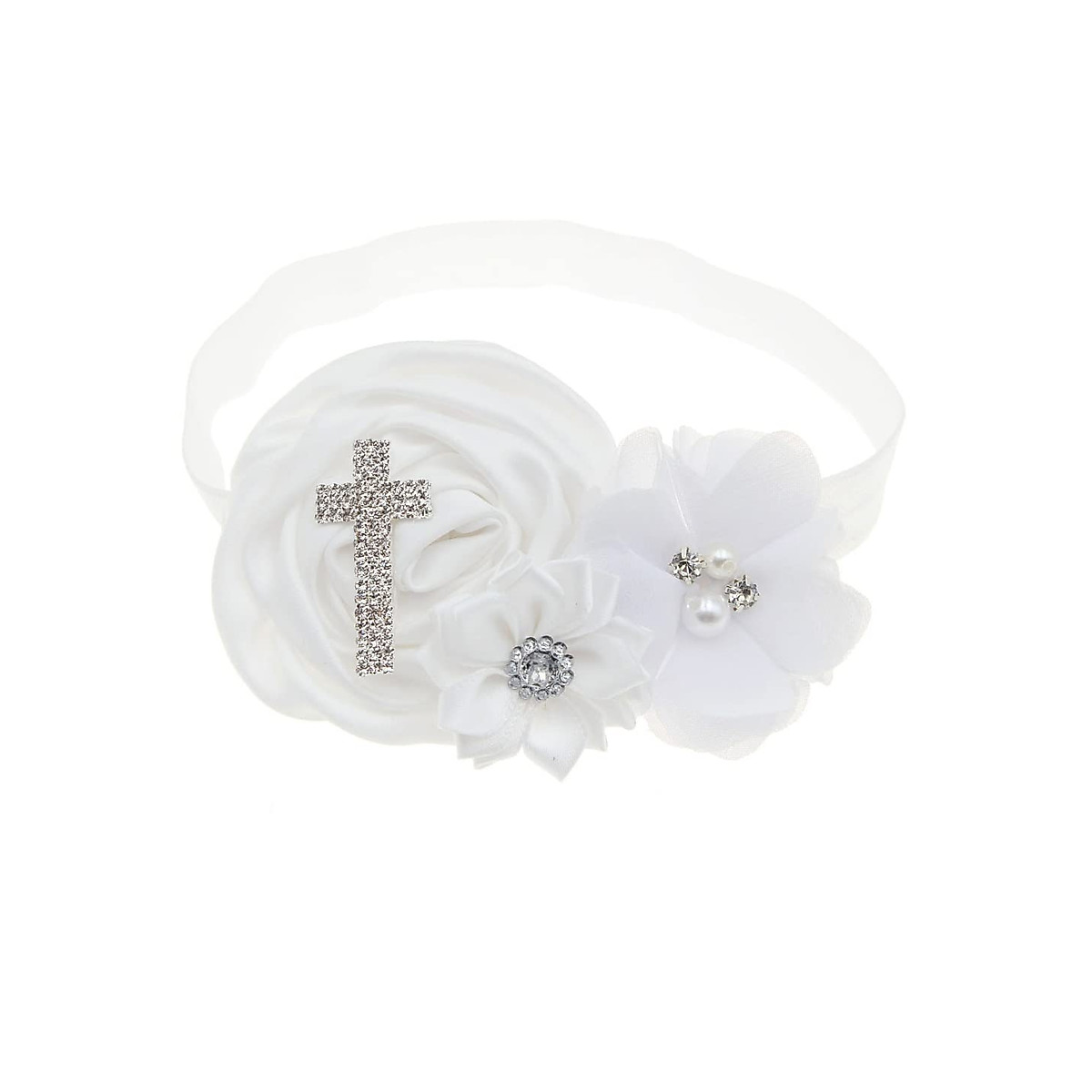 BBTDIN Baby Baptism Headband Bow Newborn Christening Hair Band Baby Baptism Lace Headwear BBG48 (Cross)