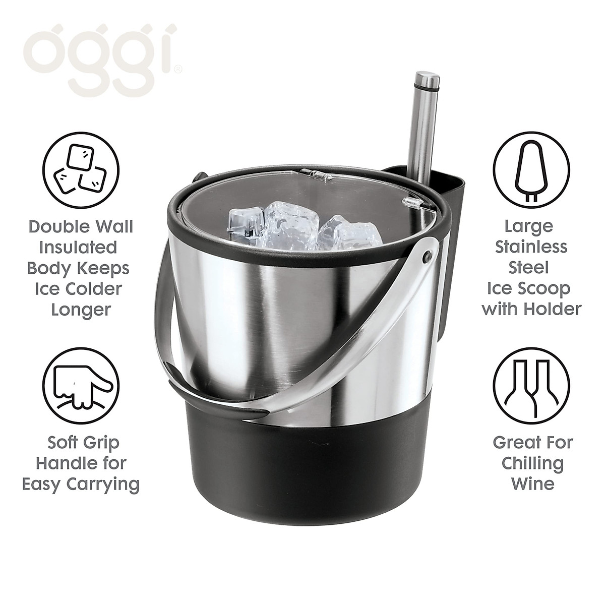 Oggi Insulated Ice Bucket, 4 Quart / 3.8 L, Stainless Steel, Black
