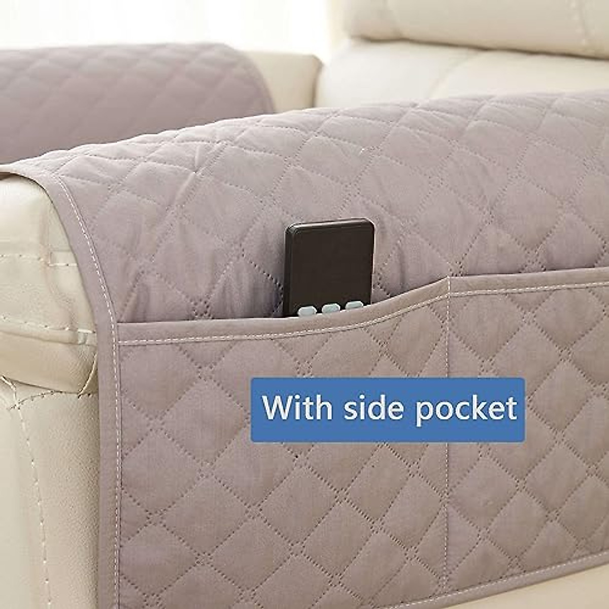 KOFOT Recliner Armrest Cover, 3 Pieces Armrest Cover with Side Pocket Recliner Chair Arm Covers Quilted Headrest Cover Furniture Protector -H