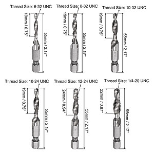 uxcell Combination Drill and Tap Bit Set, 6-32 8-32 10-3210-24 12-24 1/4-20 High Speed Steel 4341 Spiral Flute Drilling Tapping Tool 1/4" Hex Shank 6pcs