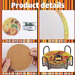 8 PCS Fall Diamond Painting Coasters Pumpkin Diamond Art Coasters 5D Full Drill Diamond Coasters Kit Thanksgiving Drink Cup Coaster Round with Cork Base Holder for Autumn Harvest Party Supplies