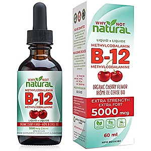 Organic Vitamin B12 Liquid - Sublingual Extra Strength 60 x 5000 mcg Drops, Methylcobalamin, Natural Cherry Flavor, Vegan, Maximize Absorption and Energy