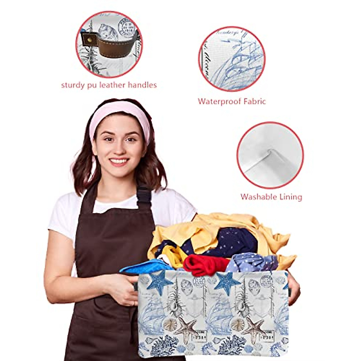 Storage Bins, Nautical Theme Marine Sail Boat Beach Starfish Shell Seashell Storage Baskets for Organizing Closet Shelves Clothes Decorative Fabric Baskets Large Storage Cubes with Handles