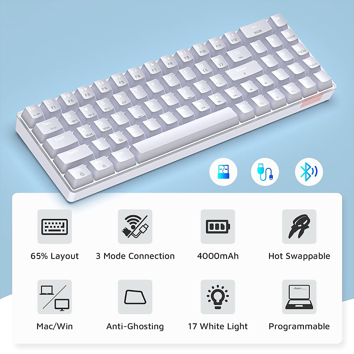 LexonElec 60% Wireless Mechanical Gaming Keyboard,2.4G/Bluetooth/Wired 69 Keys Compact Keyboard with Numpad,Hot Swappable Red Switch White Backlit Keyboard Programmable for Win/Mac (White)