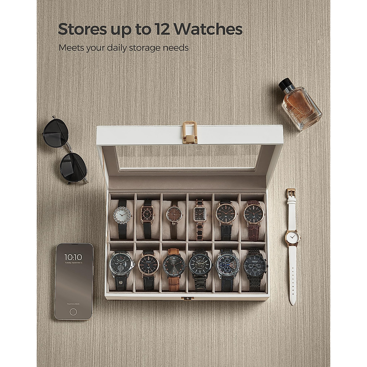 SONGMICS Watch Box, 12-Slot Watch Case with Large Glass Lid, Removable Watch Pillows, Watch Box Organizer, Gift for Loved Ones, Cloud White Synthetic Leather, Cappuccino Beige Lining UJWB120W01