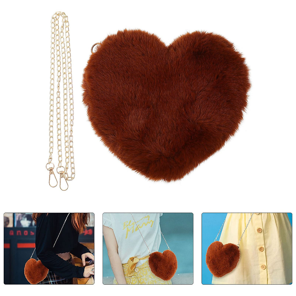GALPADA Heart Purse Plush Heart Shaped Crossbody Bag with Chain Cute Fluffy Shoulder Bag for Women Lady Valentine- Brown