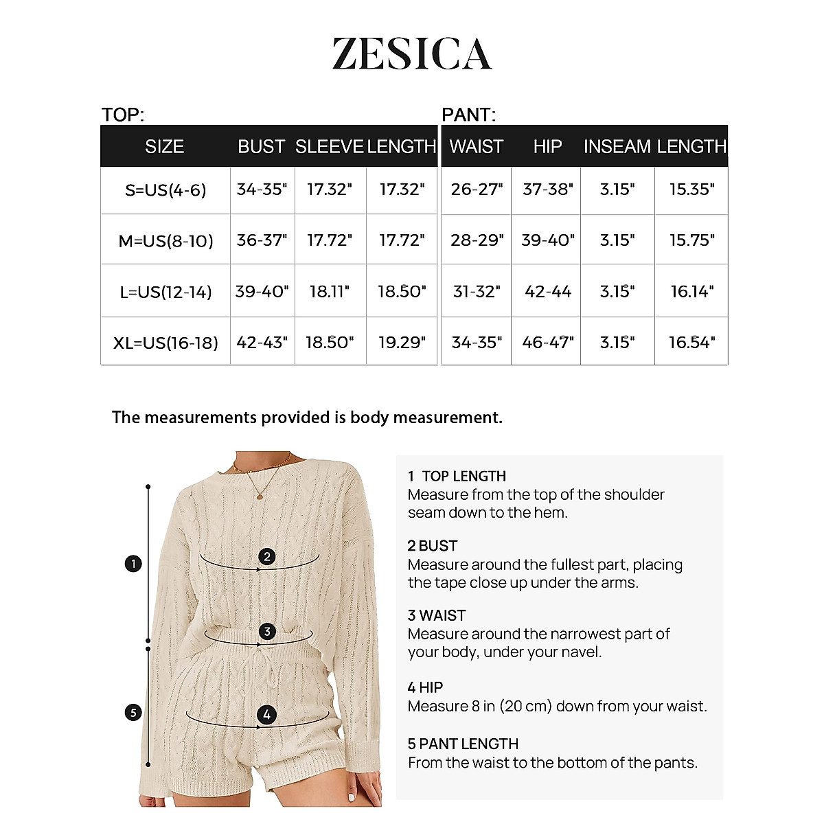 ZESICA Women's Casual 2 Piece Sweater Sets Long Sleeve Cable Knit Pullover Tops and Drawstring Shorts Sweatsuit Outfits,Apricot,Small