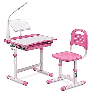 LINKLIFE Kids Functional Desk and Chair Set, Height Adjustable Children School Study Desk with Tilt Desktop, Bookstand, Pencil Case,LED Light, Metal Hook and Storage Drawer for Boys Girls (Pink)…