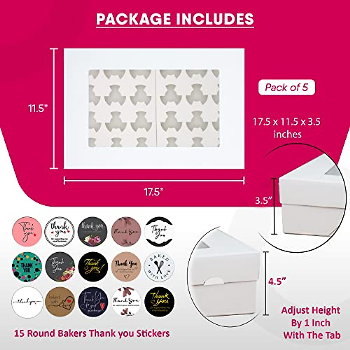 VTPT Ecom - 5PK Cupcake Box with Window for 24 Standard or Mini Cupcakes Corrugated Adjustable Height Bakery box ideal for Muffins Cake Cookies Donuts Pies Desserts and other Pastries + Thank You Stickers