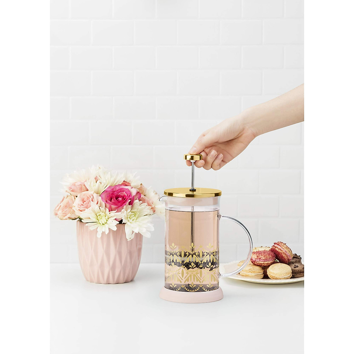 Pinky Up Riley Casablanca Glass Tea Press Pot, Coffee Maker, French Press for Loose Leaf Tea and Coffee, Hot or Iced Beverage Brewer, 34 oz, Pink And Gold