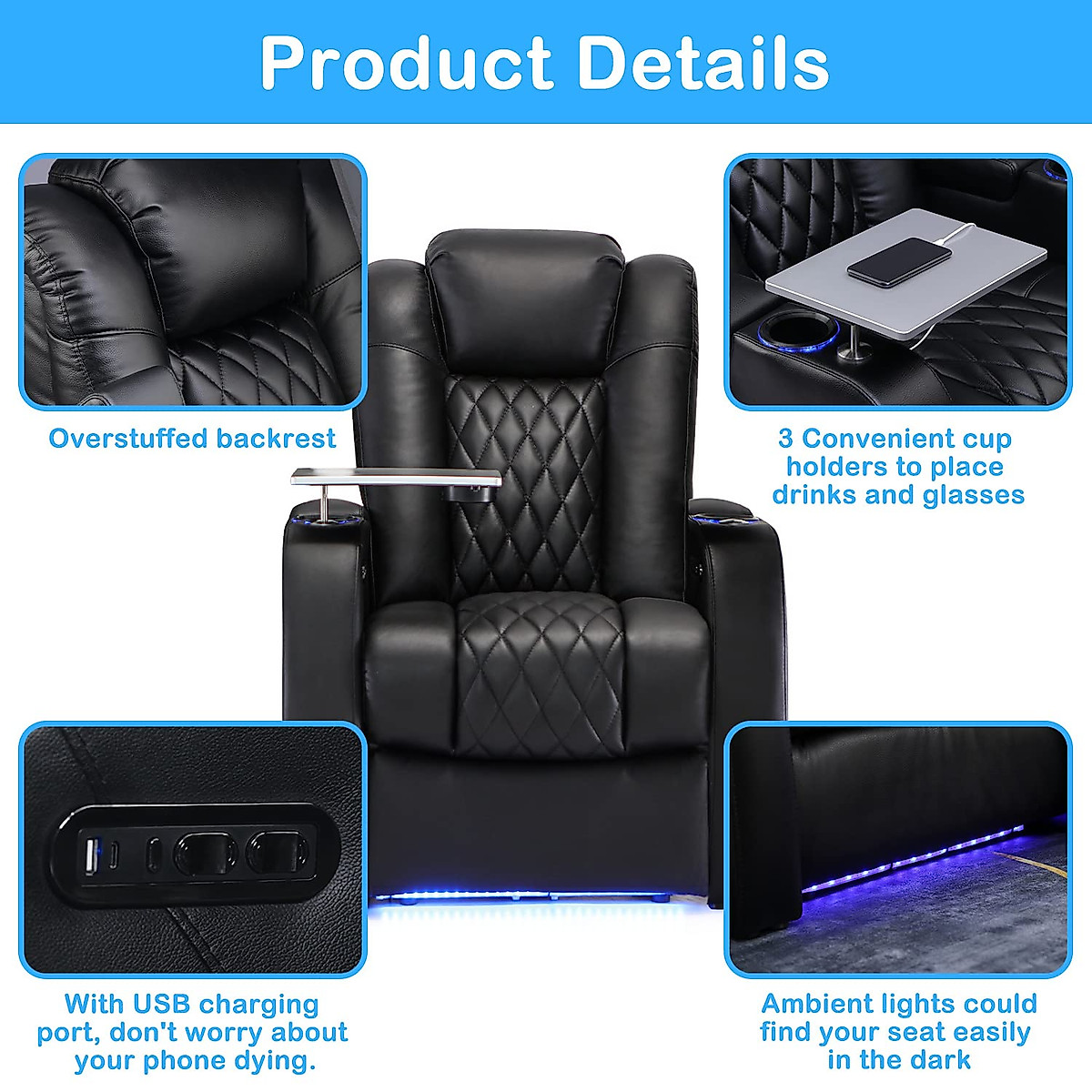 Weilianda Home Theater Seating Top Grain Leather Recliner Chair Dual Power Electric Headrest Movie Gaming Sofa with Tray Table Type-C USB Charge Cup Holders (Row of 3 Loveseat, Black)