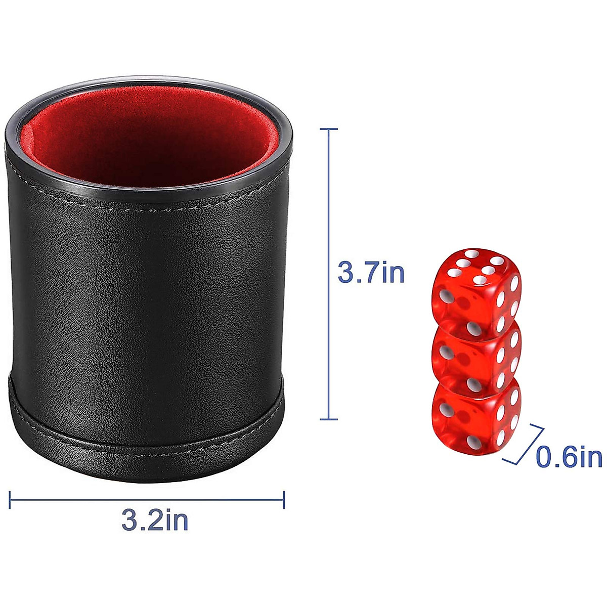 6 Pieces Dice Cup PU Leather Felt Lining Quiet Shaker with 30 Dices Compatible with Craps Backgammon Game (Black)