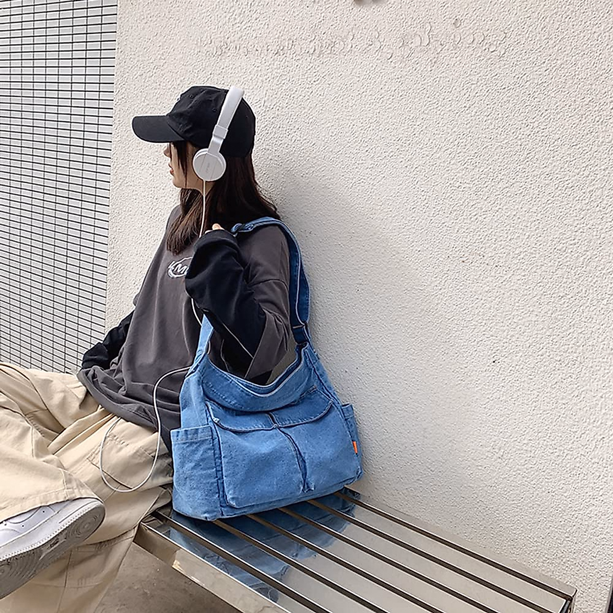 Yohora Denim Shoulder Bag Casual Style Lightweight Retro Travel Shopper Crossbody Handbag for Women Jean Tote Purse