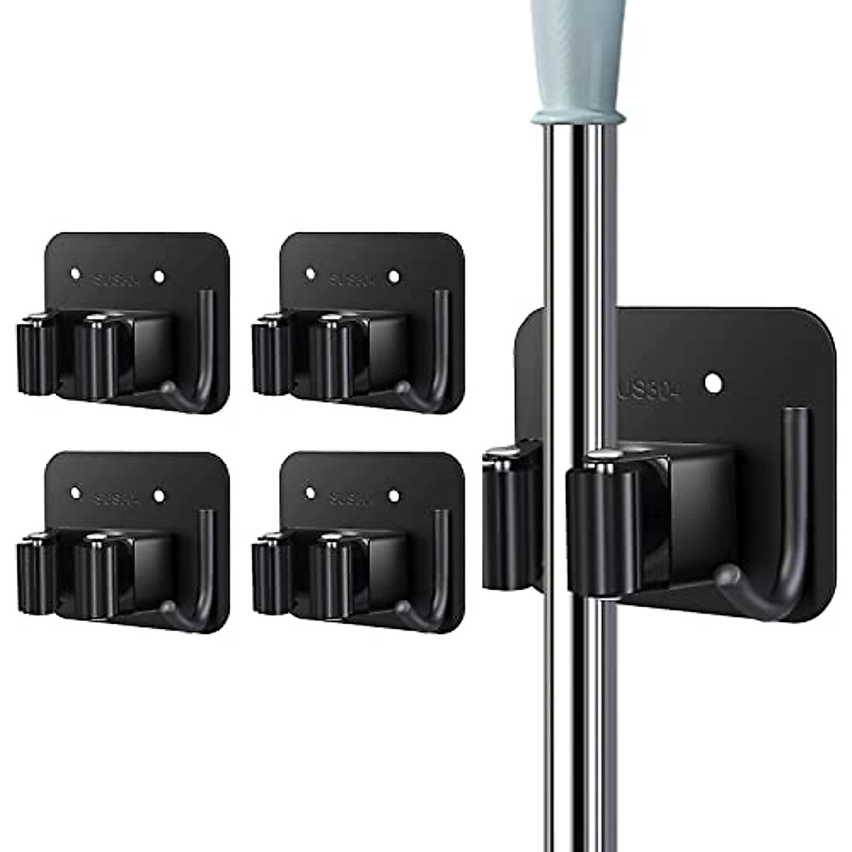 Mop Broom Holder, Fydesion 4 Pcs SUS304 Stainless Steel Mop Holder Broom Holder Wall Mounted Tool Rack for Bathroom Kitchen Office Closet Garden Garage, Self-adhesive and Screw Installation Ways, Black