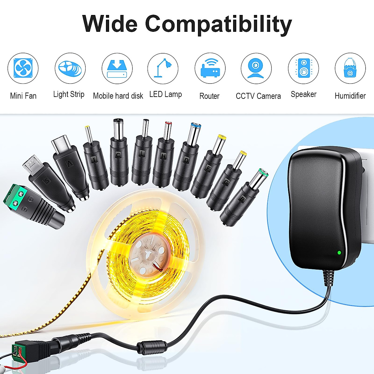 SoulBay 48W Universal AC Adapter DC 5V 6V 7.5V 9V 12V 15V 19V 20V Switching Power Supply 100-240VAC Input US Plug Transformer with 11 Tips for Household Electronics, USB-C & 5.5 * 2.1mm Included