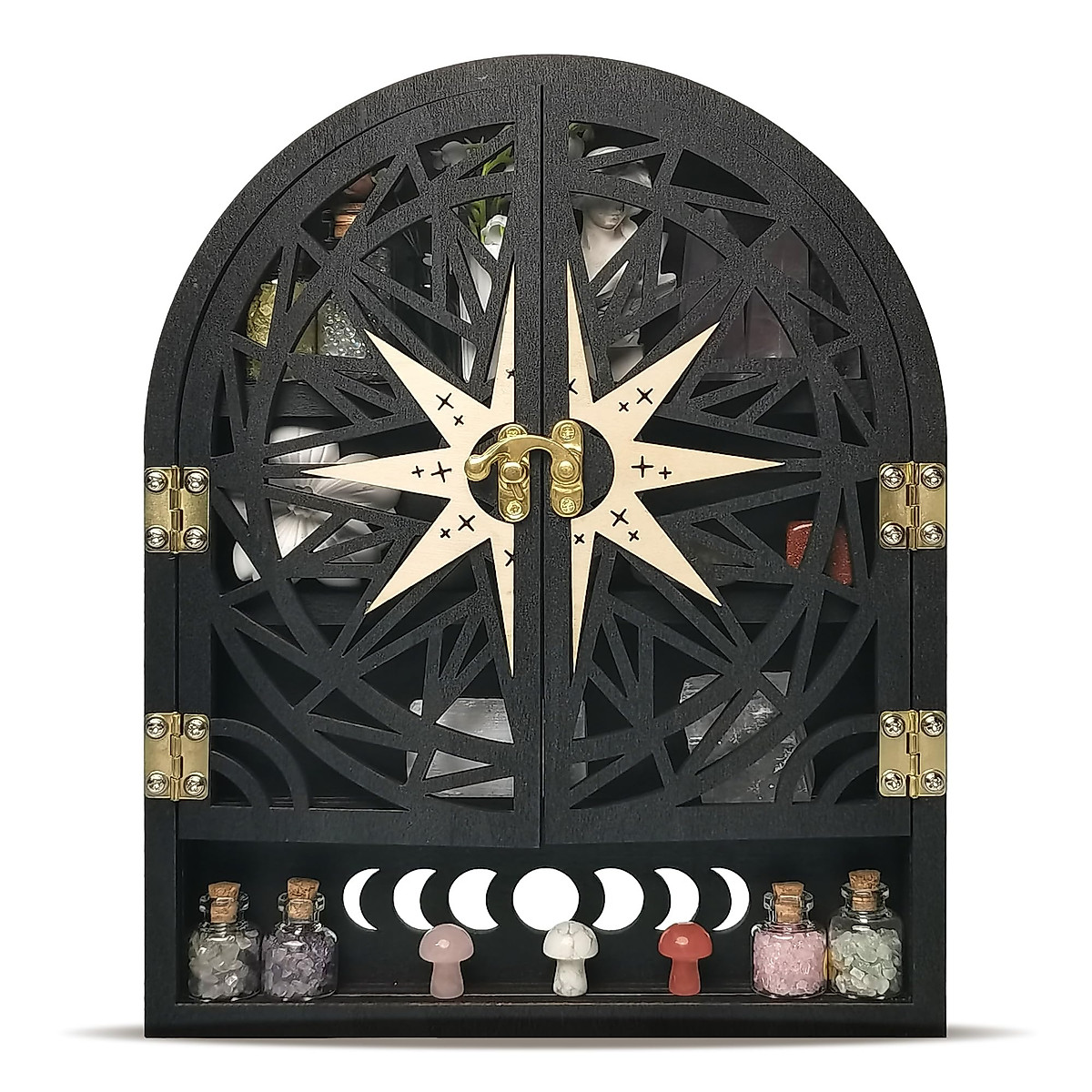 Crystal Display Shelf for Wall, Crescent Moon Phase Crystal Wall Shelf Decor, Wooden Storage Organizer Shelf for Stones Collection Essential Oil Display, Arch Crystal Holder Shelf for Meditation Room…