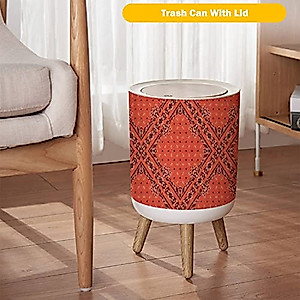 Small Trash Can with Lid Seamless Based on Ornament Paisley Bandana Print Vintage Style Silk Wood Legs Press Cover Garbage Bin Round Waste Bin Wastebasket for Kitchen Bathroom Office 7L/1.8 Gallon