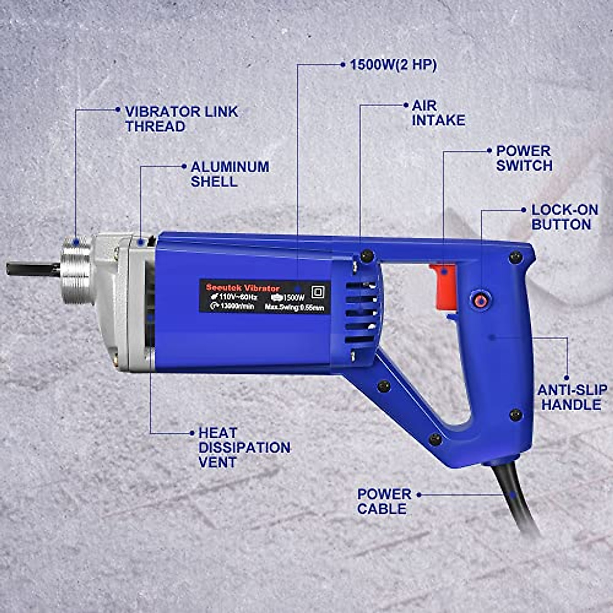 Seeutek Hand Held Concrete Vibrator 1500W Electric Vibrator 13000 Vibrations per Minute