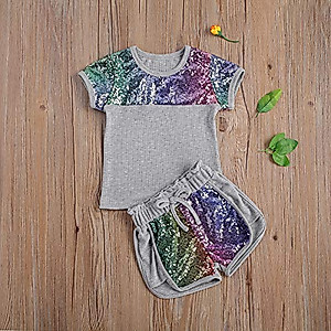 Nie Cuimeiwan Toddler Baby Girl Summer Clothes Sequins Pocket Top T-Shirts Shorts Set Mamas Little Cowgirl Outfit (Style-A Grey, 6-7 Years)