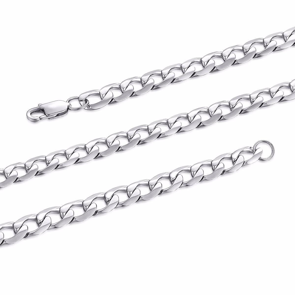 FOSIR 9mm Stainless Steel Cuban Link Curb Chain Necklace for Men Silver Chains Flat (22 Inches)