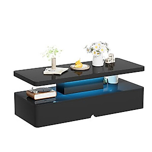 oneinmil Modern Stylish Coffee Table with 16 Colors LED Lights, Double-Layer Design for Living Room, Black