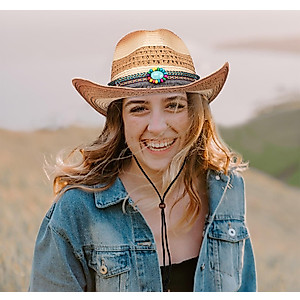 Cowboy Cowgirl Straw Hat with Bands for Women - Western with Wide Brim for Coastal Sun Beach Summer Ivory