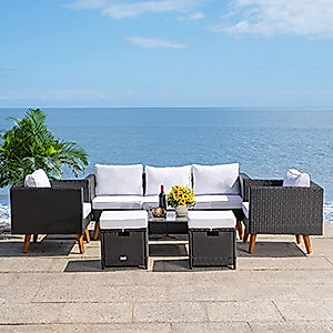 Safavieh Outdoor Collection Presla Wicker Cushion 6-Piece Living Set PAT7715A-3BX, Black/White