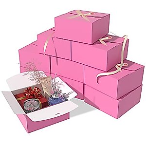 GINLEBO Pink Gift Boxes with Lids 10 Pack – Kraft Paper 8"x8"x4” Small Gift Box Set with Ribbons and Stickers – Groomsmen Bridesmaid Proposal Box – Present Box for Birthday, Wedding, Xmas
