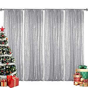Sugargirl Silver Sequin Backdrop Curtain 4 Panels 2FTx8FT Glitter Silver Background Drapes Sparkle Photography Backdrop for Party Wedding Birthday Wall Decoration