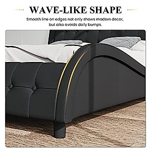 SHA CERLIN King Size Box-Tufted Platform Bed Frame/Faux Leather Upholstered Bed Frame with Adjustable Headboard/Wood Slat Support/Wave-Like Modern Bed/Low Profile/Black