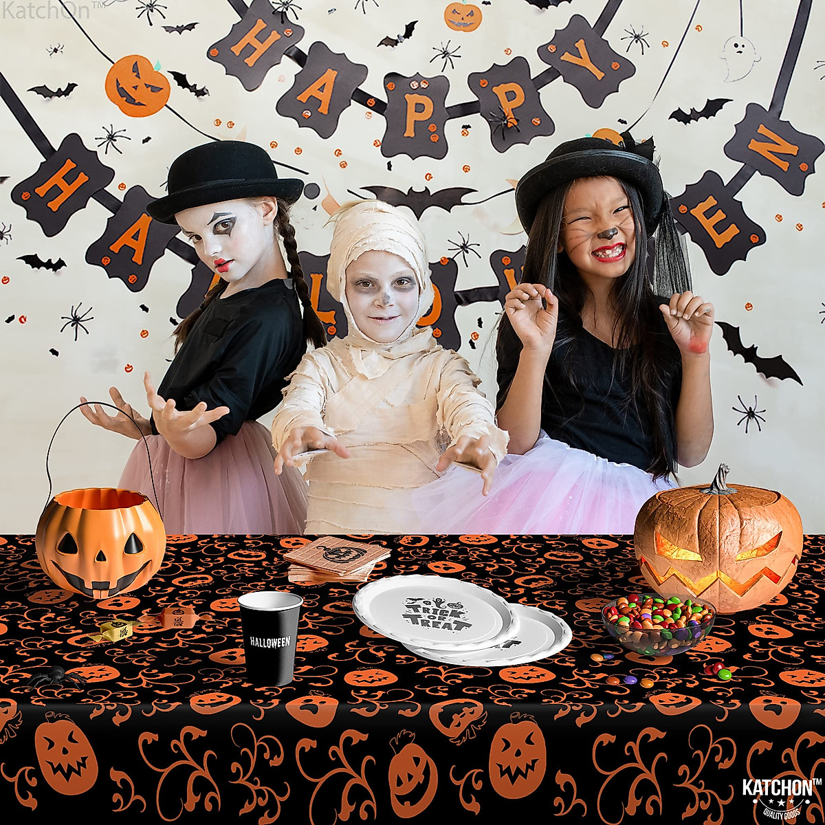 KatchOn, Pumpkin Halloween Tablecloth Plastic - 54x90 Inch, Pack of 3 | Pumpkin Tablecloth, Black and Orange Halloween Table Covers | Halloween Table Cloth Disposable, Pumpkin Halloween Decorations