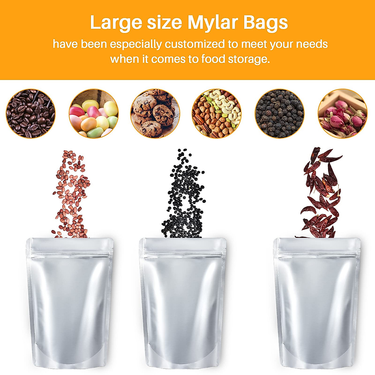 JTX 100Pk Mylar Bags for Food Storage(1Quart) With 300cc Oxygen Absorbers, 9.6Mil Heavy Duty Mylar Bags 9"x6"- Resealable Smell Proof Bags for Grains, Wheat, Rice, Dry Aging for Meat, Long Term Food Storage