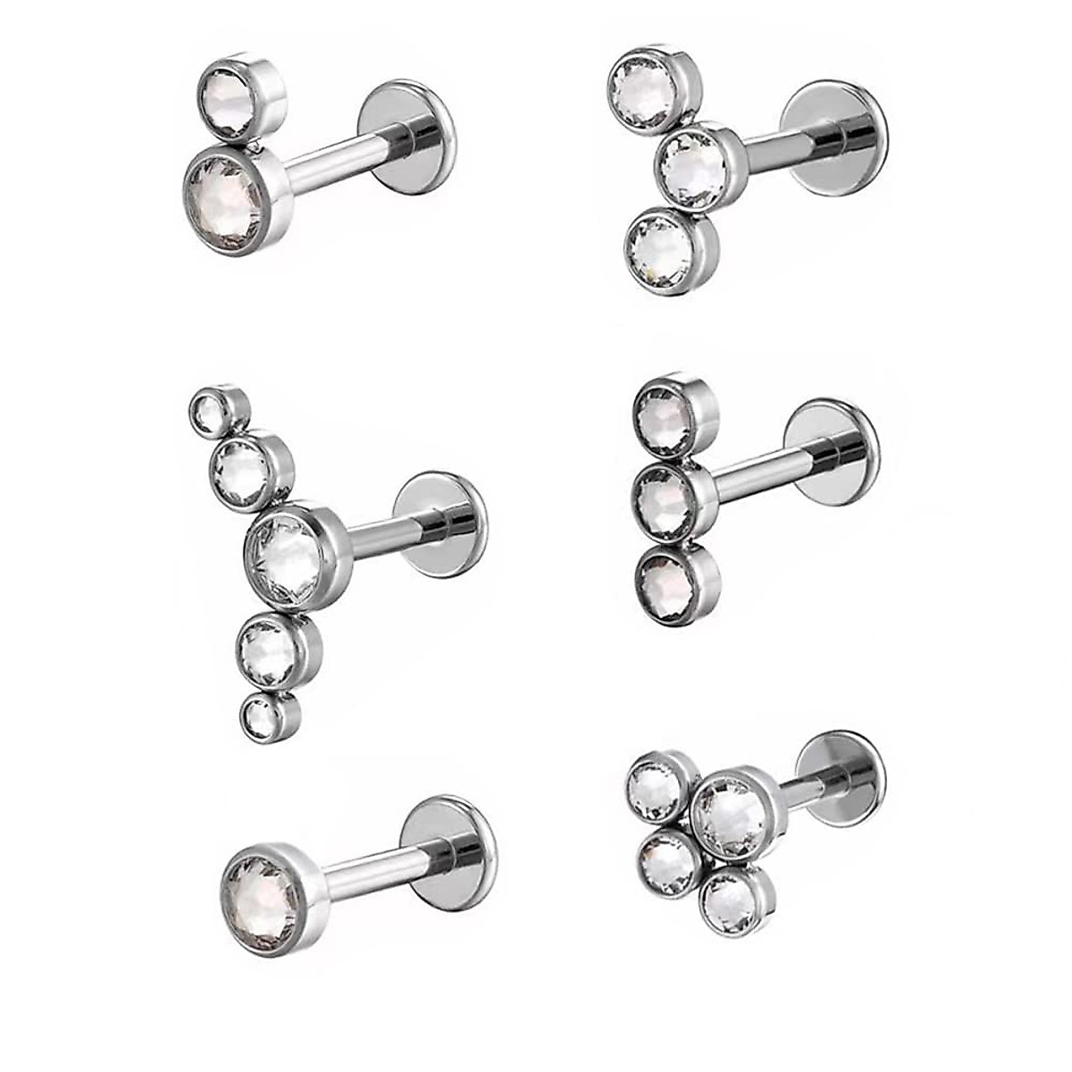 Piercingpops 6PCS 16G Tiny CZ Crystal Labret Piercing Stainless Steel Tragus Helix Lip Monroe Body Piercing Stud (6pcs Crystals Style) (Crystals Style)