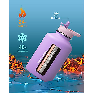 Coolflask Half Gallon Water Bottle Insulated with PU Leather Sleeve, 64 oz Water Bottle Color Contrast with Straw Lids, Stainless Steel Metal Large Water Jug, Keep Cold 48h Hot 24h,Lilac Purple