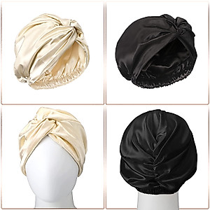 Geyoga 6 Pcs Reusable Large Silk Bonnet Hair Wrap for Sleeping, Natural Silk Scrunchy, Soft Scrunchies, Silk Ponytail Holder for Women's Hair Care (Black, Beige)