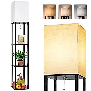Floor Lamp with Shelves,Shelf Floor Lamps for Living Room with 3 Color Temperature LED Bulb,Storage Wood Texture Modern Floor Lamp with White Linen Shade,Display Standing Lamp for Living Room, Bedroom