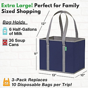 Reusable Grocery Bags (3 Pack) – Heavy Duty Reusable Shopping Bags with Box Shape to Stand Up, Stay Open, Fold Flat – Large Tote Bags are Foldable with Long Handles & Hard Bottom (Navy Blue)