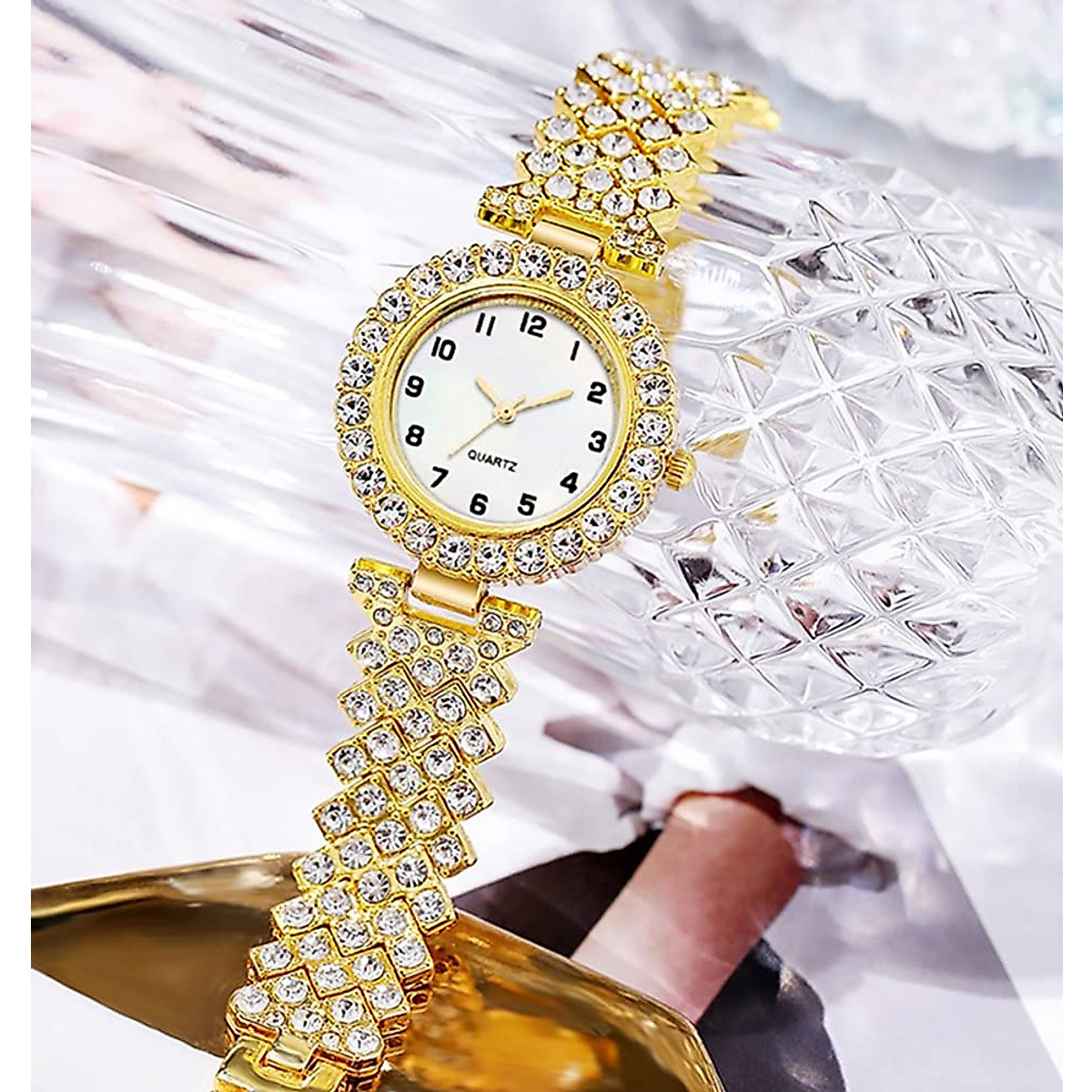 ADSBIAOYE Luxury Women Wrist Watches Crystal Inlay Bracelet Watch Fashion Casual Quartz Watch Female Watch (02 Gold) (G235)