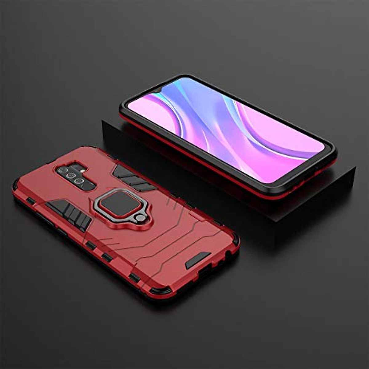 Ytaland for Xiaomi Redmi 9 Case,with 2 x Tempered Glass Screen Protector. (3 in 1) Shockproof Bumper Defender Protective Phone Cover with Ring Kickstand (Wine Red)
