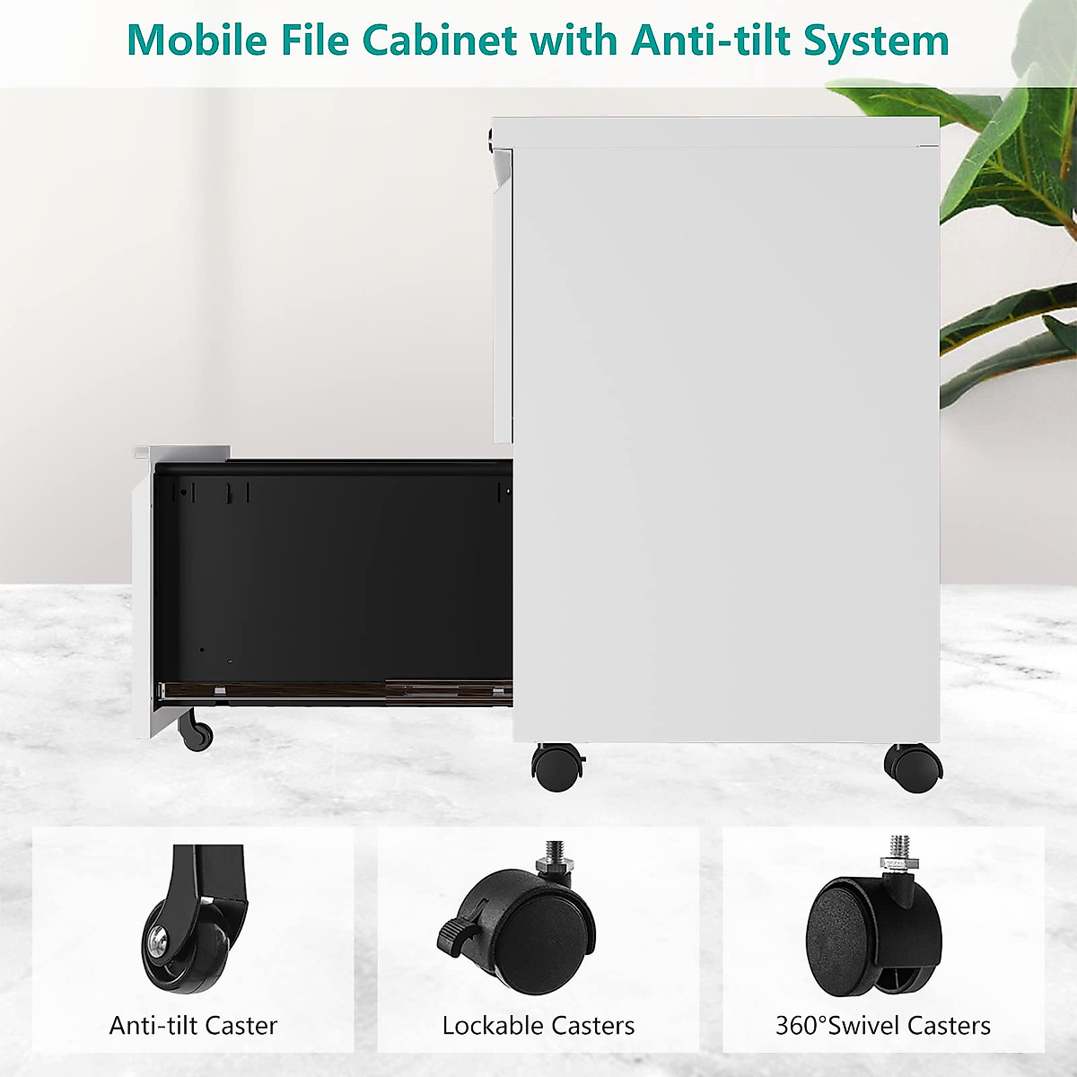 LISSIMO Metal File Cabinets with 2 Drawer,Under Desk Locking File Cabinet for Legal Letter Files, Office Storage Cabinet with Wheels Assembly Required White