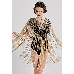 BABEYOND 1920s Shawl Wraps Long Fringed Evening Cape Sequin Beaded Party Shawl (Black Gold)