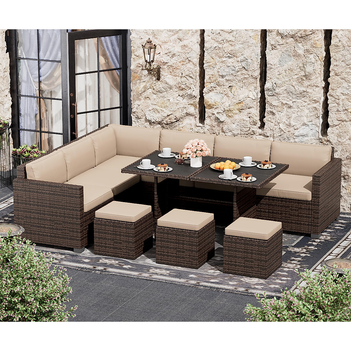 LHBcraft 7 Piece Patio Furniture Set, Outdoor Furniture Patio Sectional Sofa, All Weather PE Rattan Outdoor Sectional with Beige Cushions and Table, Brown Wicker (Brown),(OT002-GR/MS)