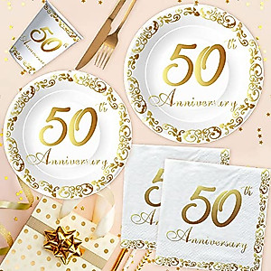 APOWBLS 50th Anniversary Decorations And Supplies Tableware - Golden 50th Wedding Anniversary Decorations, Plate, Napkin, Tablecloth, Fork, 50 Year Anniversary Party Supplies Decorations | Serve 24