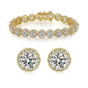 18K Gold Plated Tennis Bracelet and Round Cubic Zirconia Stud Earrings Sets for Women Men Hypoallergenic Halo Jewelry