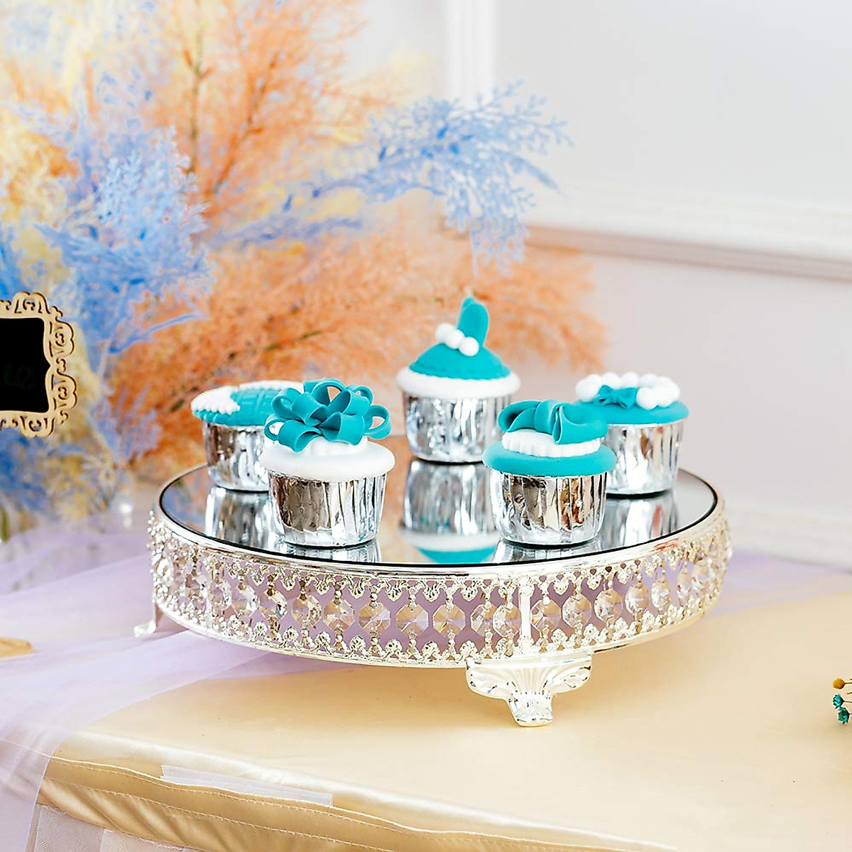 Wedding Metal Cake Display Stand with Mirror Top Plate 12 inches Diameter Beaded Crystal Metal Cake Pedestal, Snack Tray, Baking Party Supplies Centerpiece