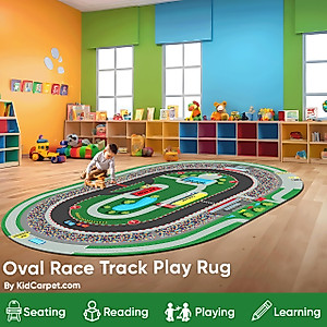 KidCarpet.com Race Car Rug, 4' x 6' Oval Race Track Play Rug | Educational Learning Rug for Children's Classroom | Area Rug for Kids Playroom or Bedroom