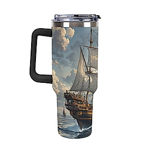 Nautical Sailing Pirate Ship 40 Oz Stainless Steel Tumbler with Handle & Straw Double-Walled Vacuum Insulated Travel Mug for Hot/Cold Drinks, Reusable Thermal Cup for Car Cup Holder
